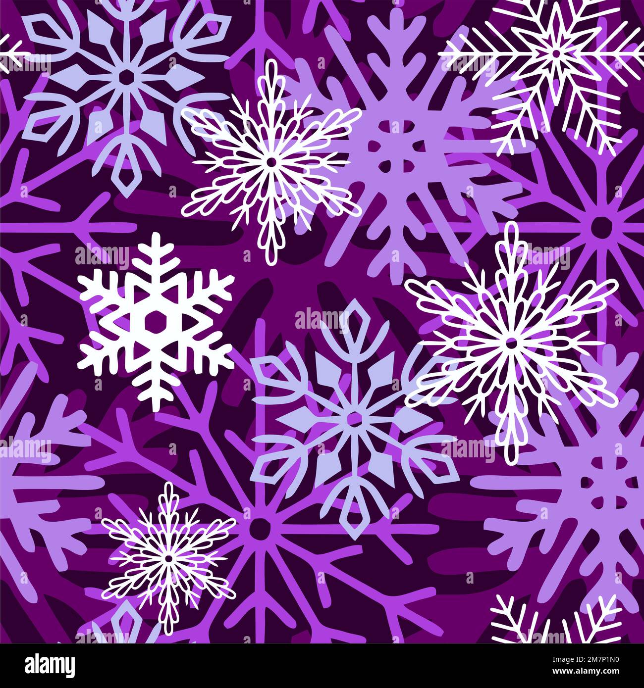 seamless asymmetric pattern of multi-colored snowflakes on a purple ...