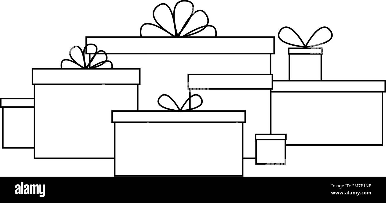 black and white graphic simple drawing of gift boxes of different sizes ...