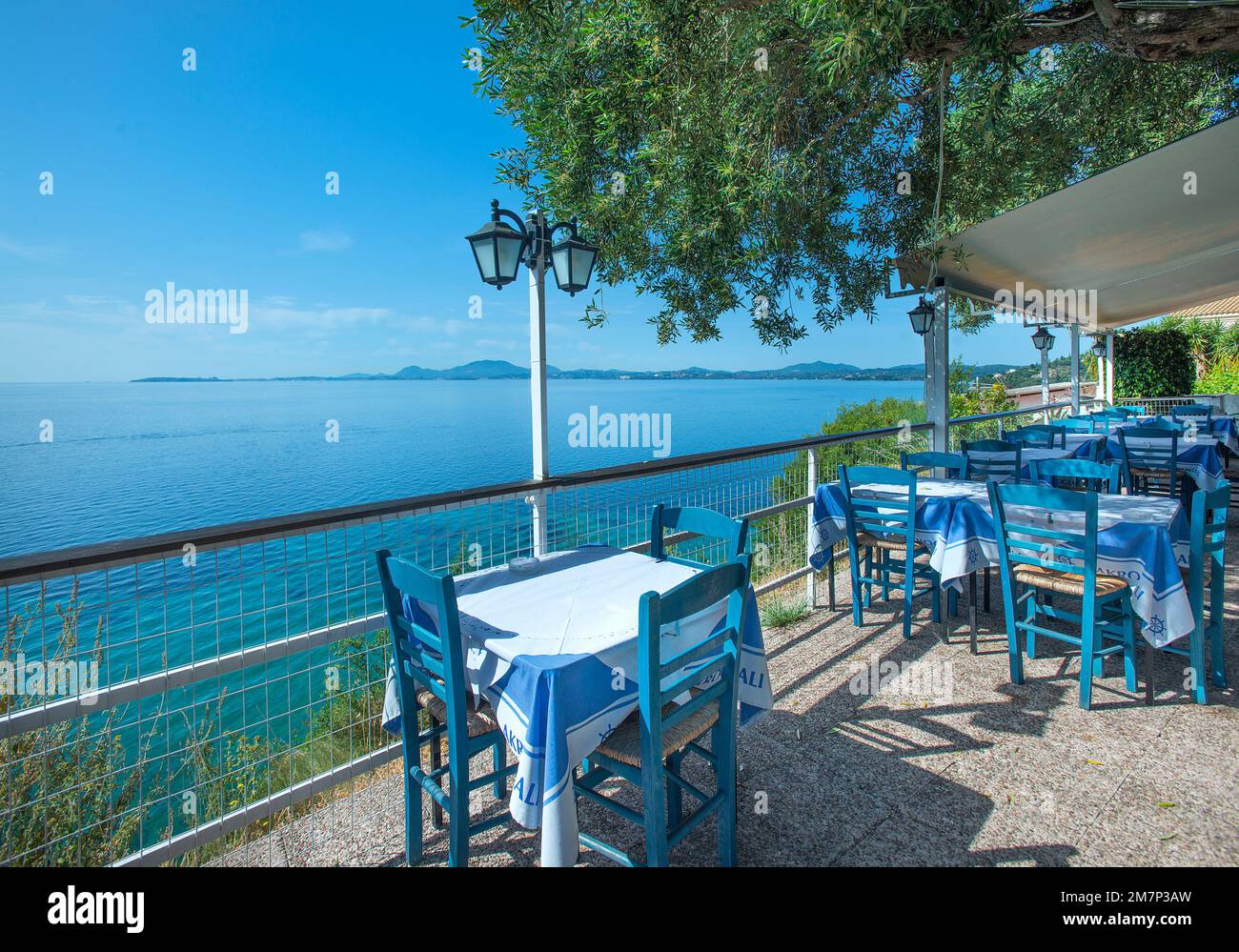 Taverna terrace view, Barbati, Corfu, Ionian islands, Greece Stock ...