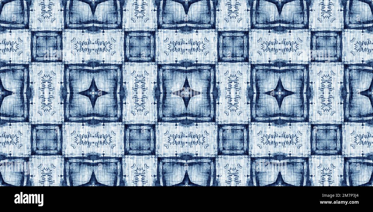 Indigo dye wash coastal damask seamless border pattern. Washed out ...