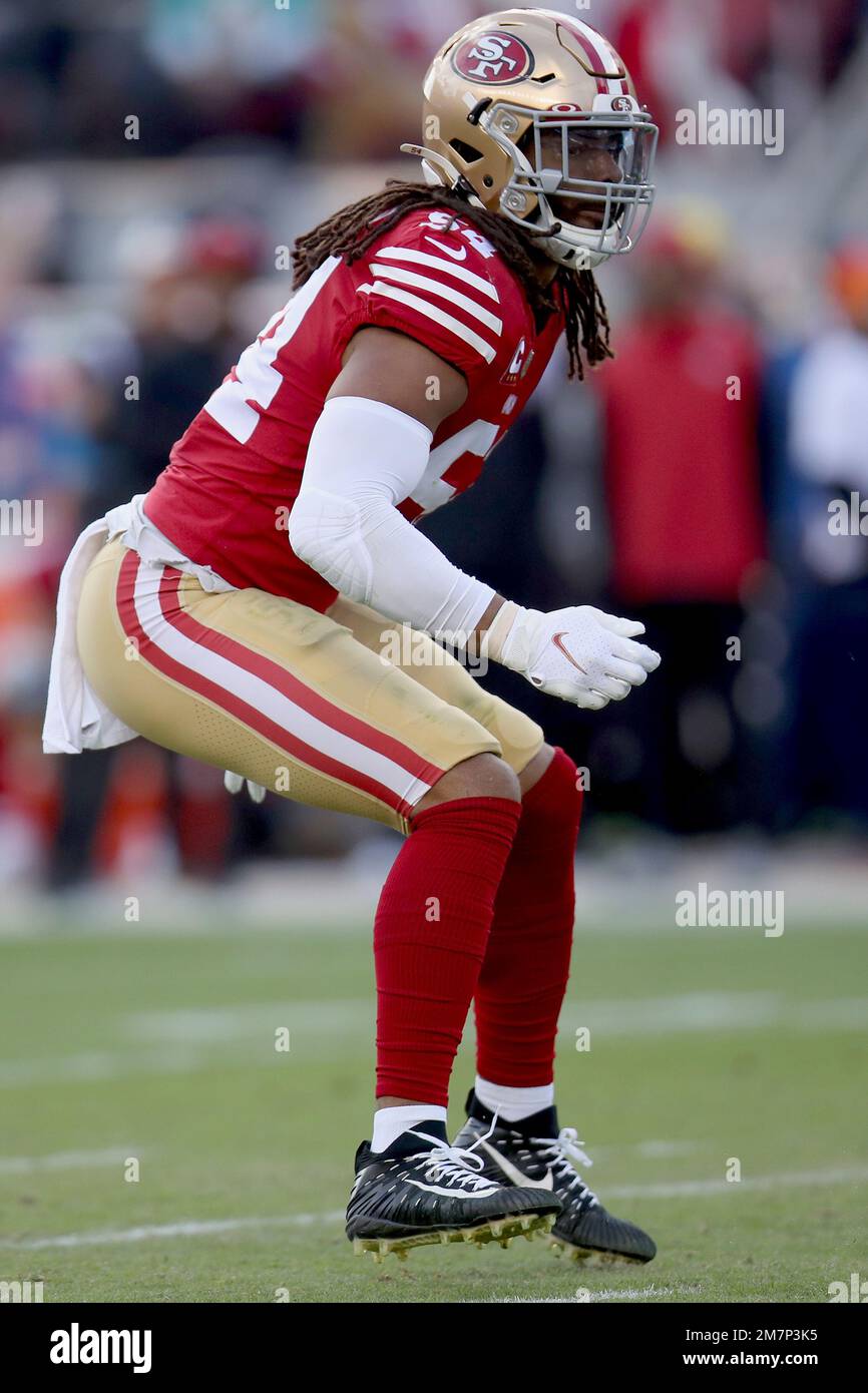 San Francisco 49ers linebacker Fred Warner (54) stares into the ...