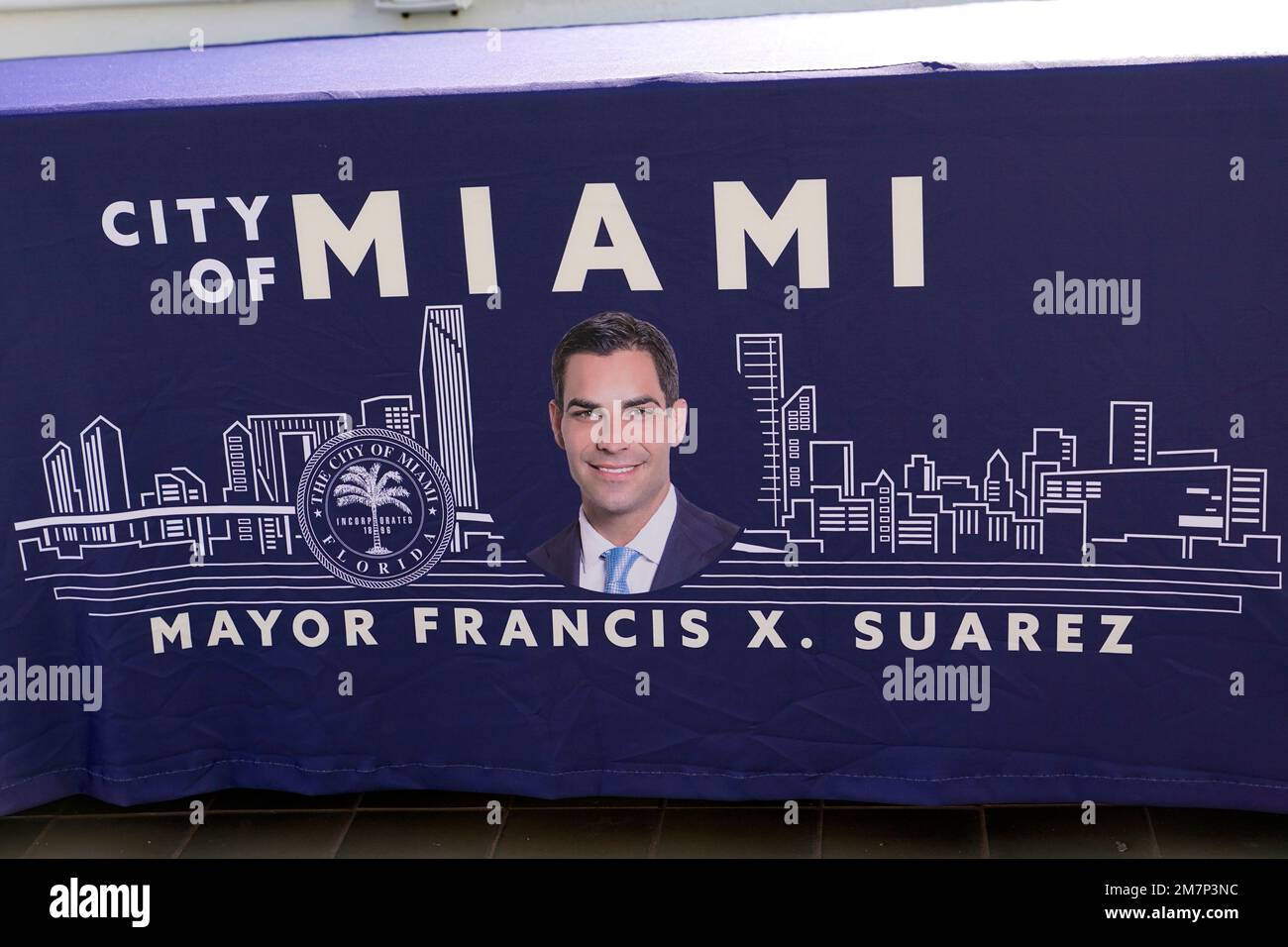 A banner featuring Miami Mayor Francis Suarez is shown at Miami City Hall, Tuesday, Jan. 10 ...