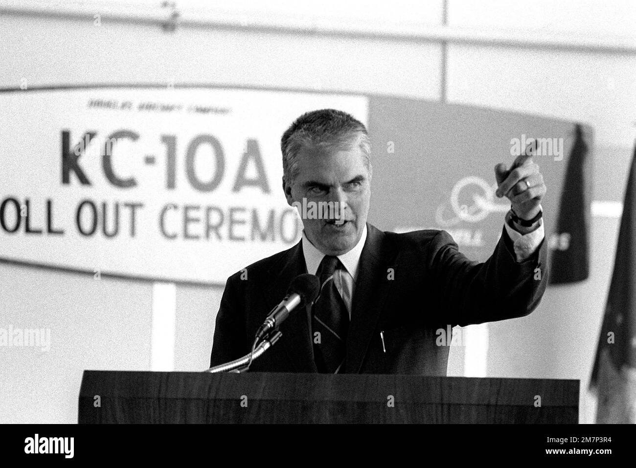 Secretary of Air Force Dr. Hans Mark speaks to a crowd during the KC-10 ...