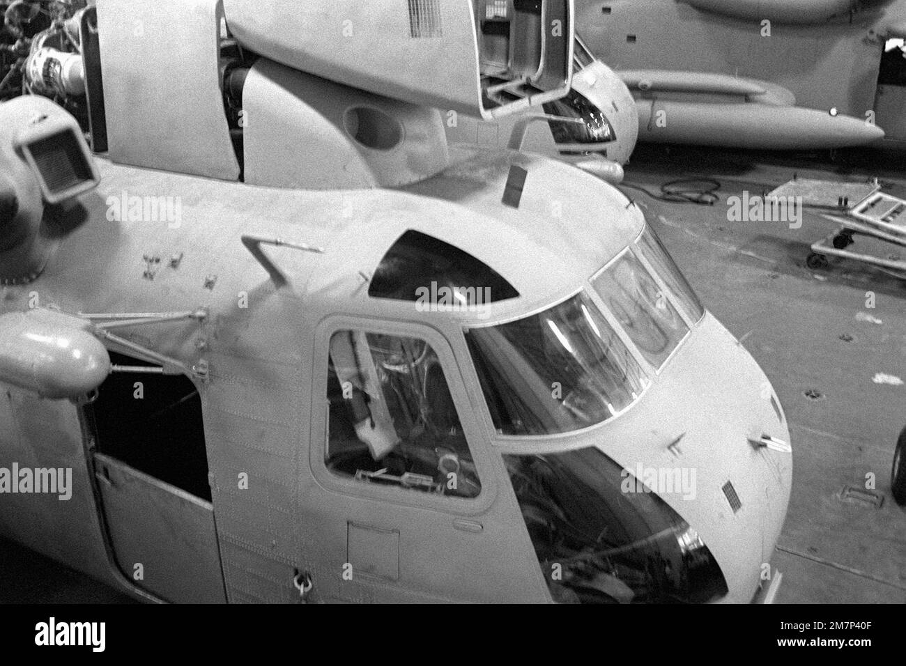 A right front view of an RH-53 Sea Stallion helicopter parked in the ...