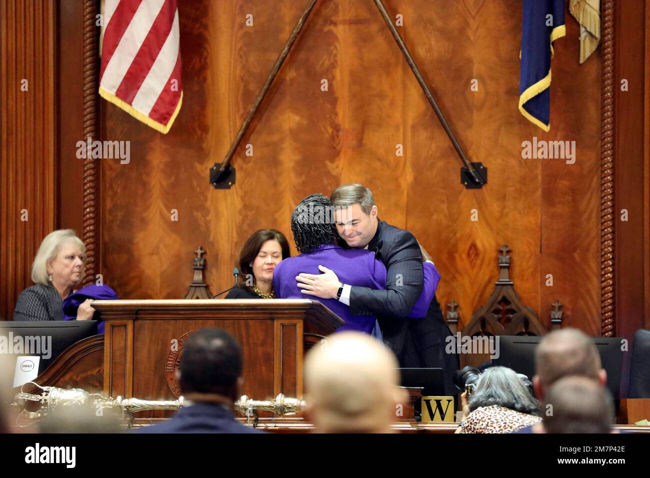 South Carolina Republican House Speaker Murrell Smith gets a hug from ...
