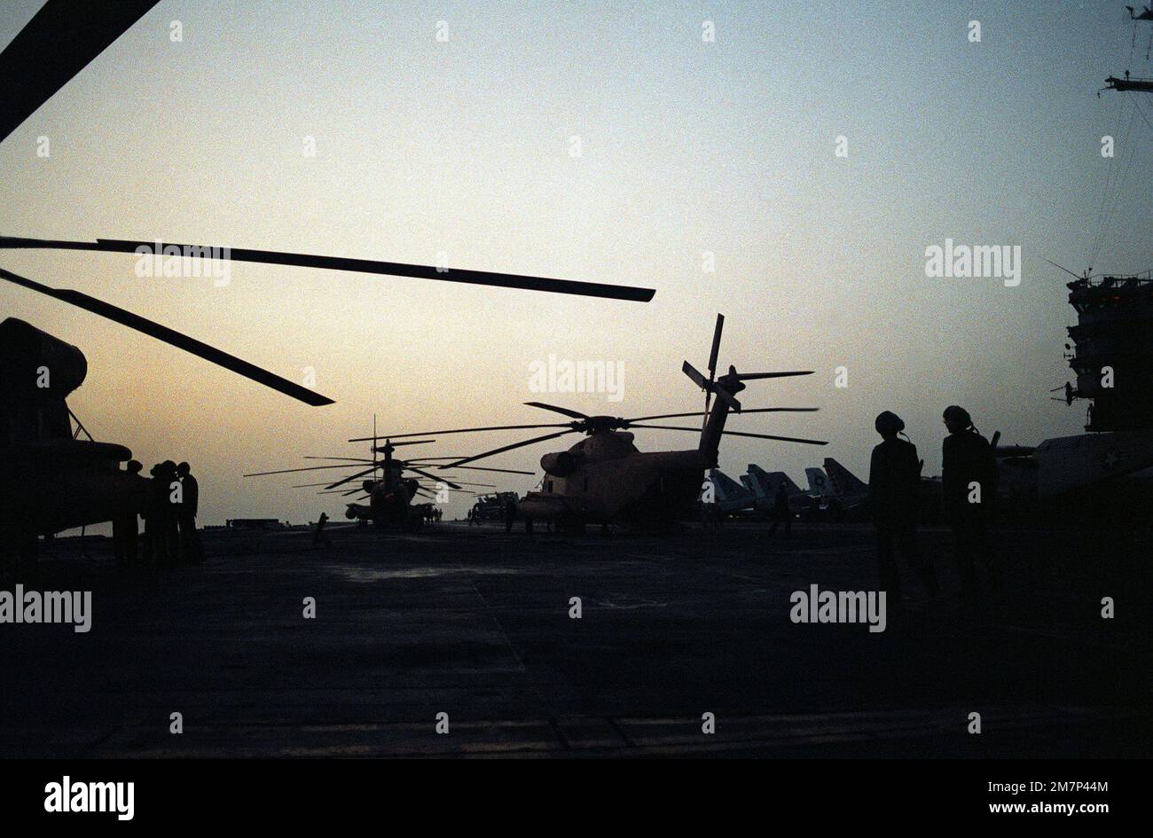 RH-53 Sea Stallion helicopters parked on the flight deck of the nuclear ...