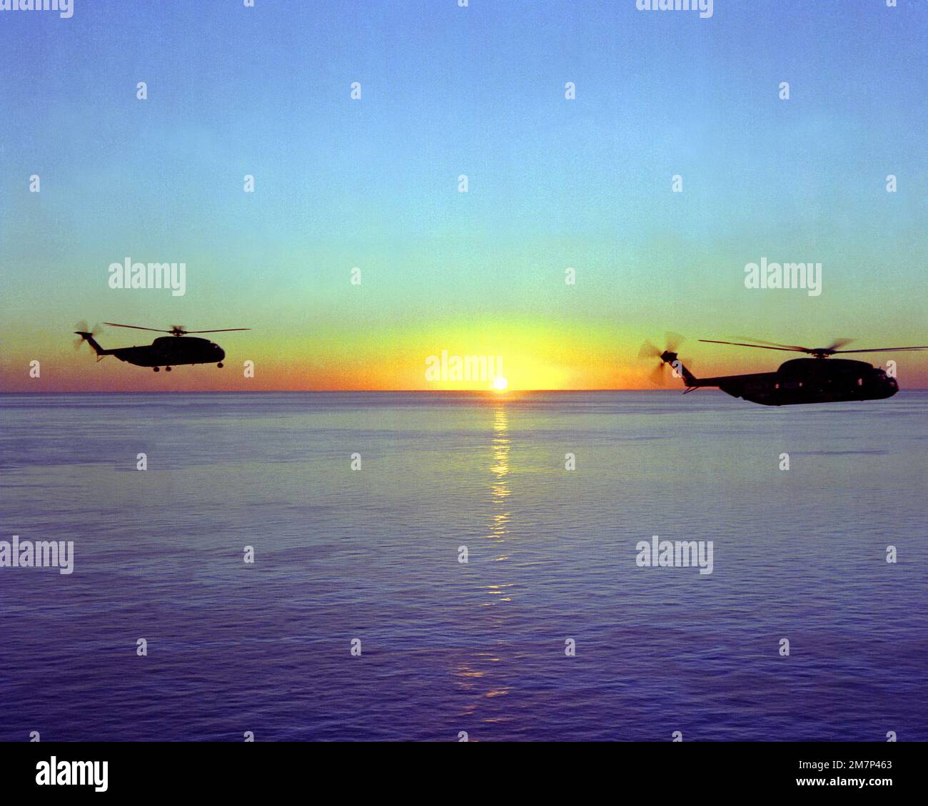 A right side view of two RH-53 Sea Stallion helicopters in flight. The ...