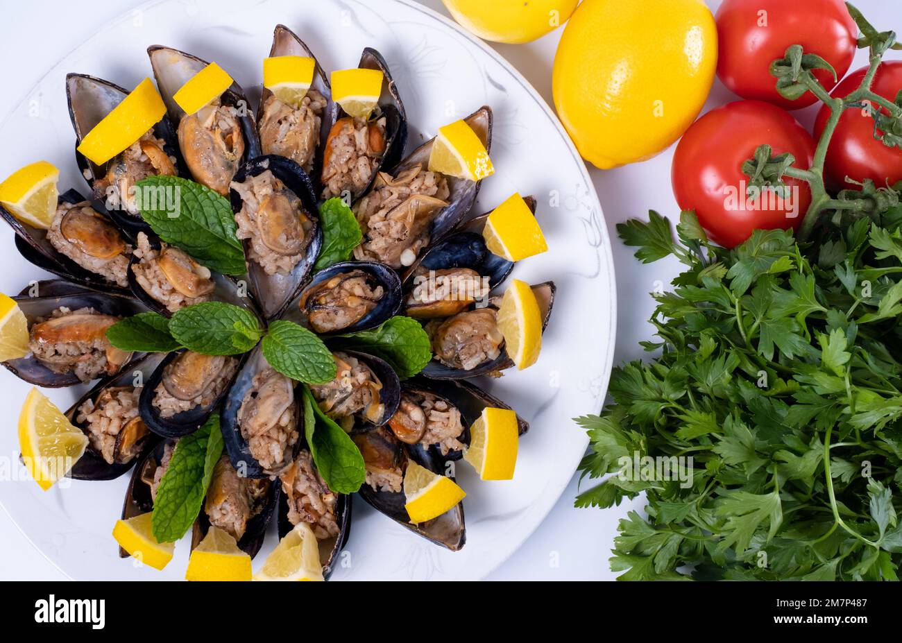 Turkish Street Food Stuffed Mussels and Lemon on Plate Isolated Wooden ...