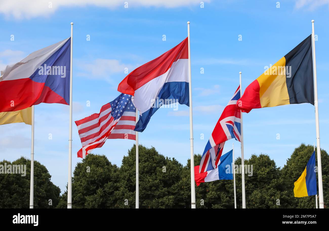 flags of countries waving during the international meeting Stock Photo ...