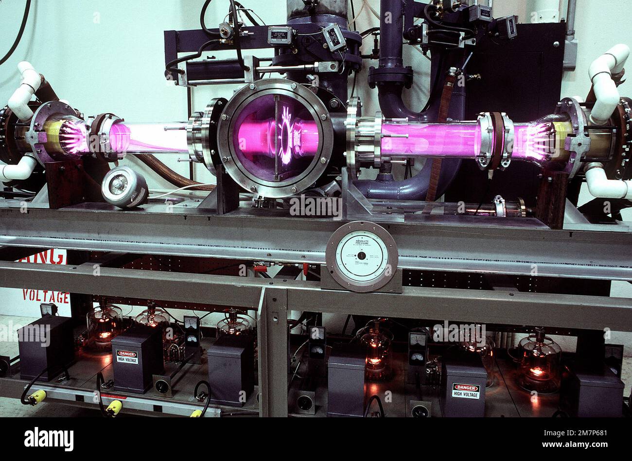 A view of an electric discharge laser device during an experiment in ...
