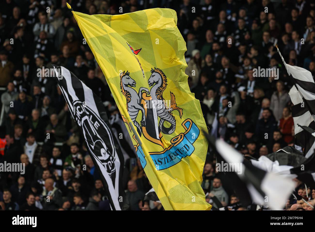 Newcastle fans wave flags during the Carabao Cup Quarter Final match ...