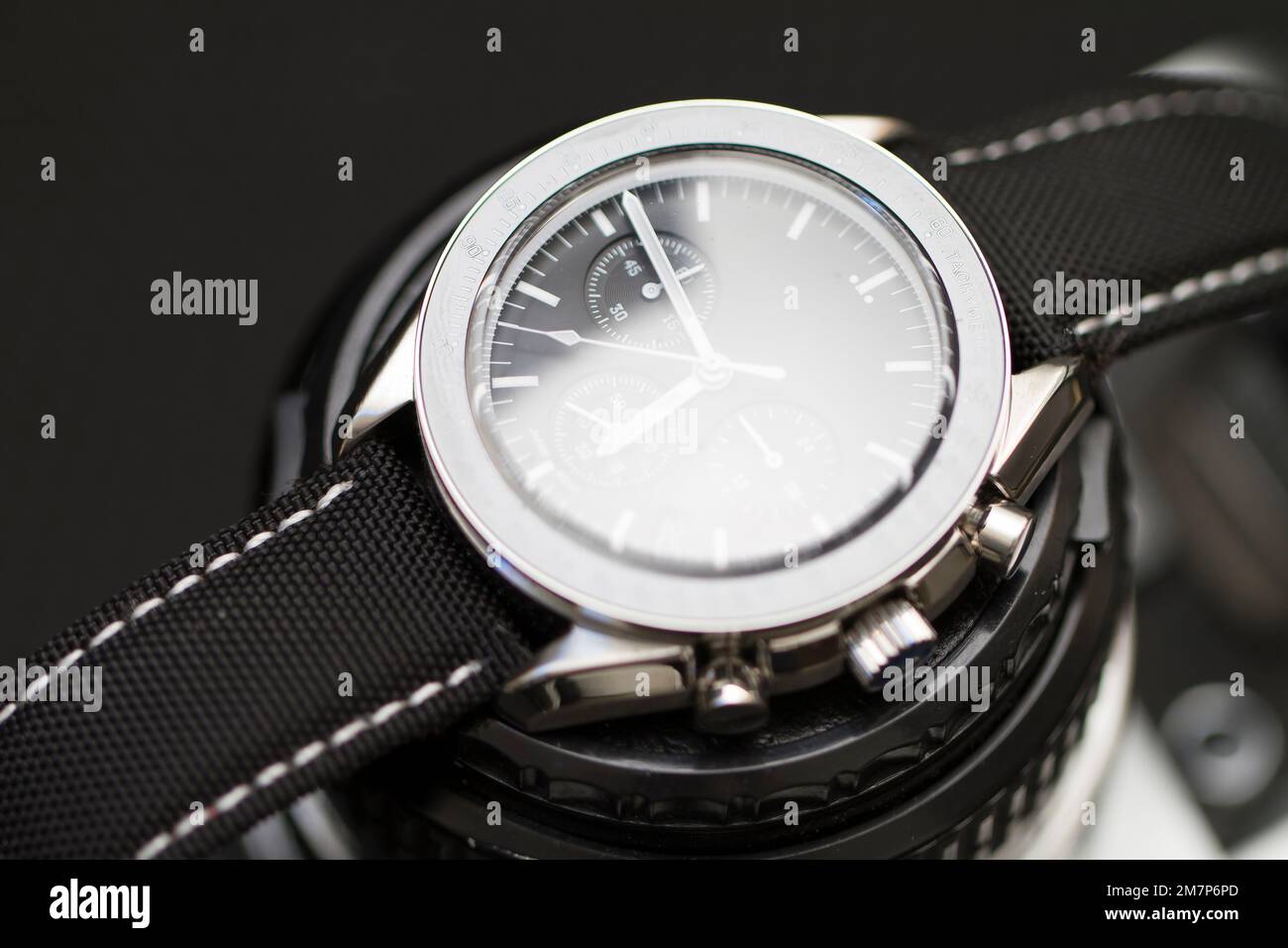 Close up on a chronograph wrist watch for man, no people are visible ...