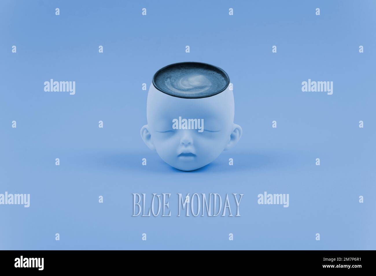 Blue monday concept. Sad face shaped cup of coffee in blue background ...