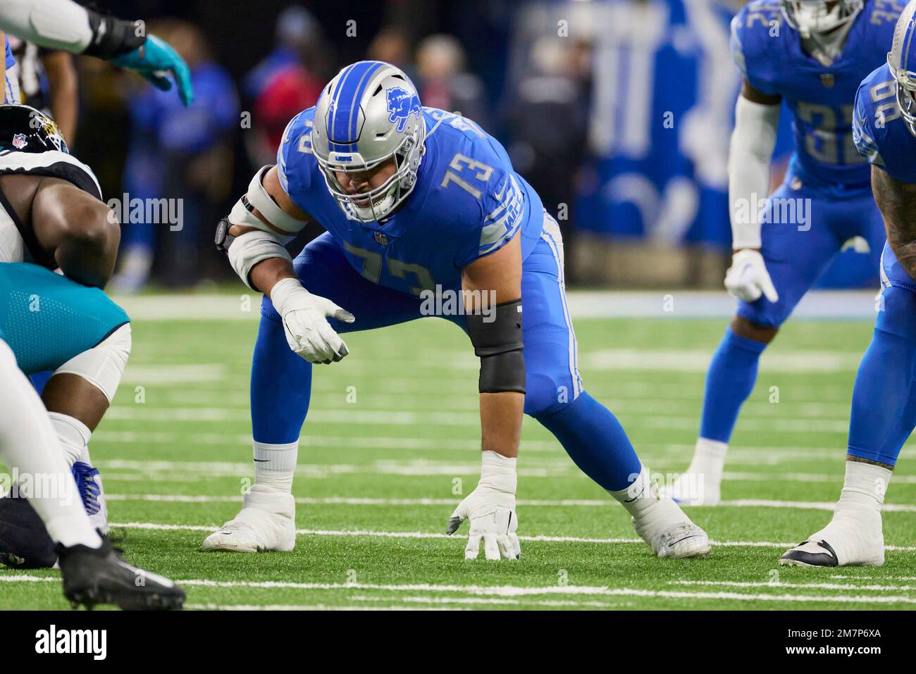 Detroit Lions guard Jonah Jackson (73) gets set on offense against the ...