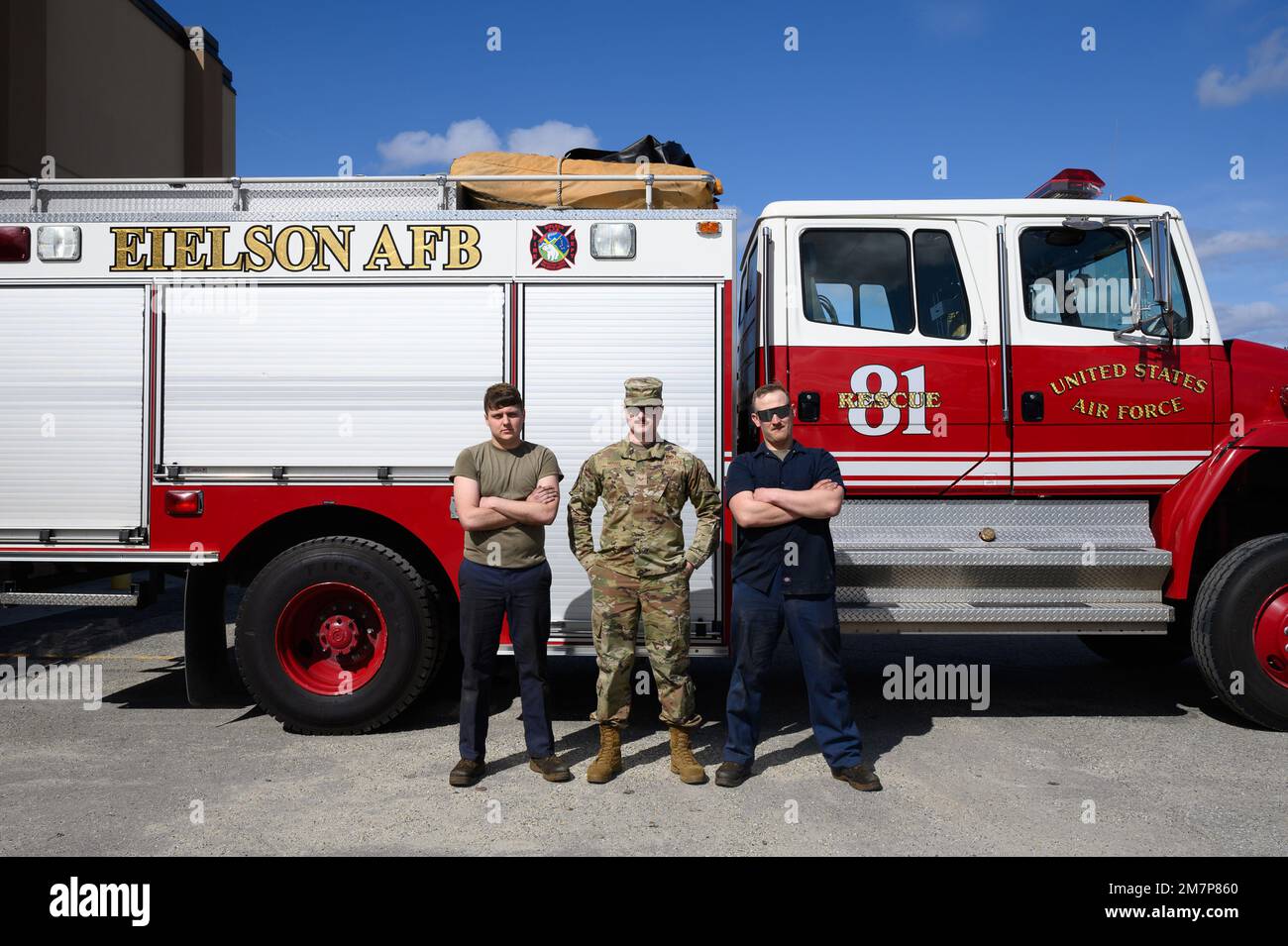 U.S. Airmen assigned to the 354th Logistics Readiness Squadron pose for ...