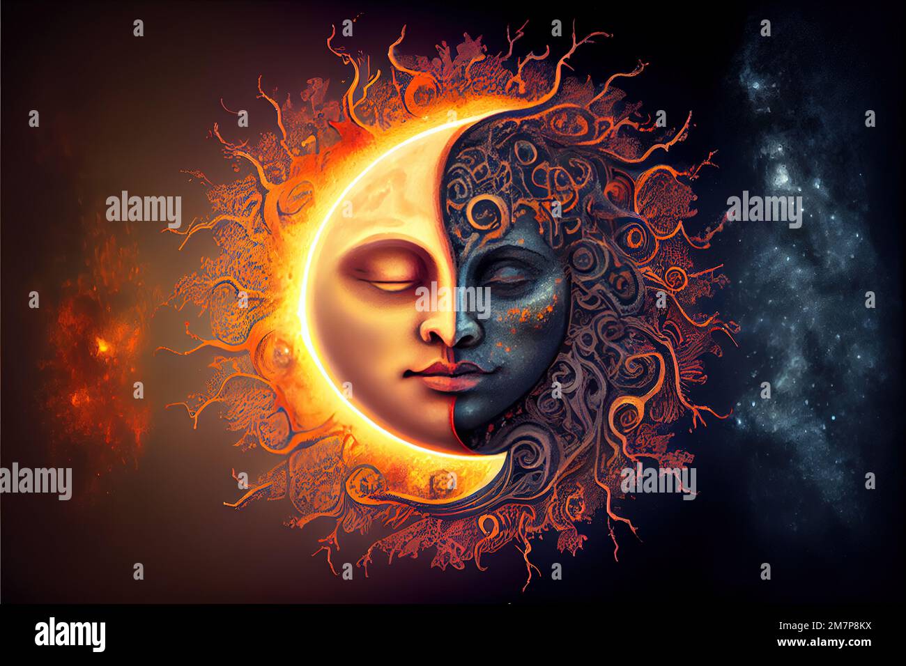 Moon and sun faces Stock Photo - Alamy