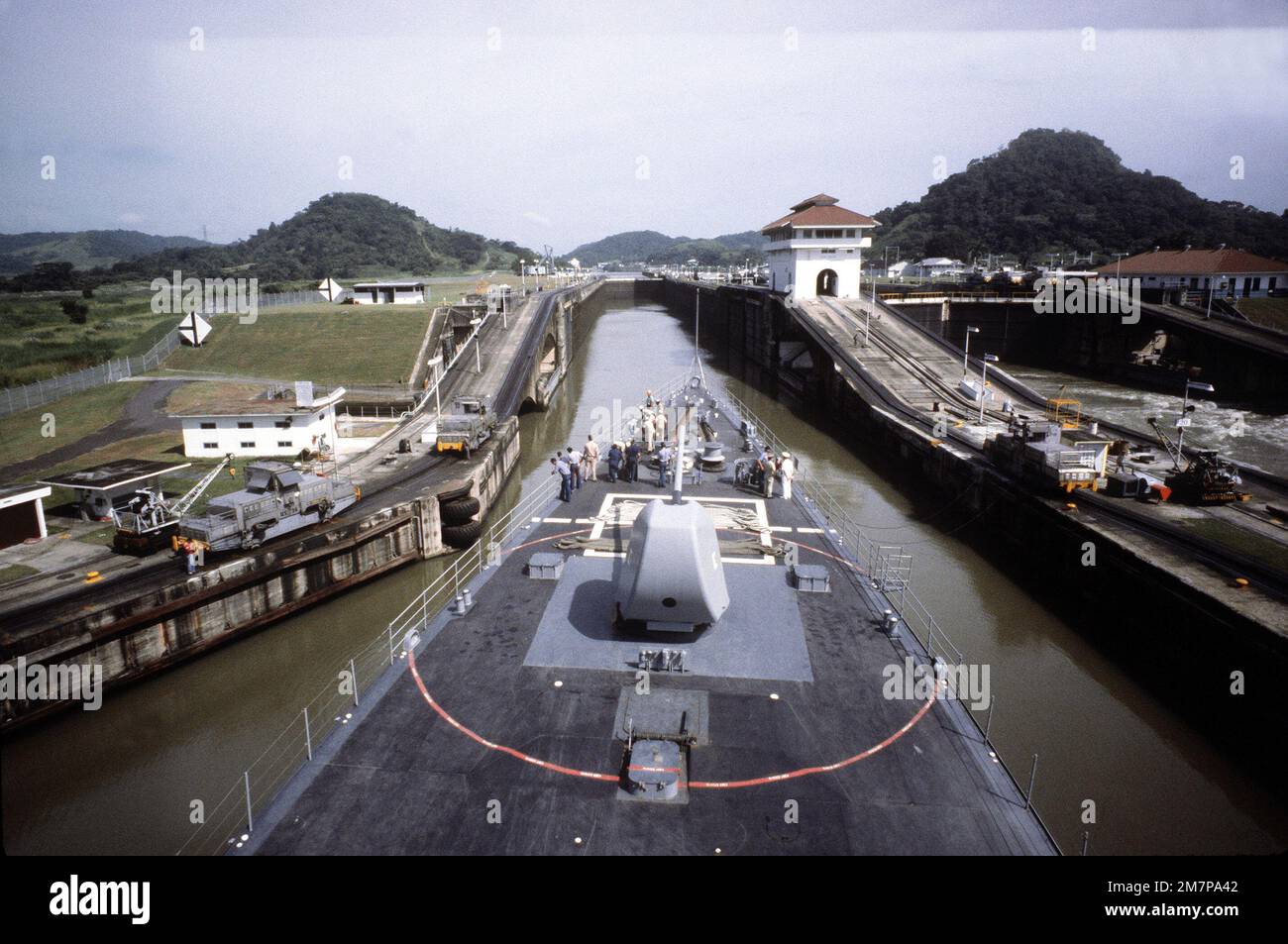 A view of the Panama Canal, as seen from the superstructure of the ...