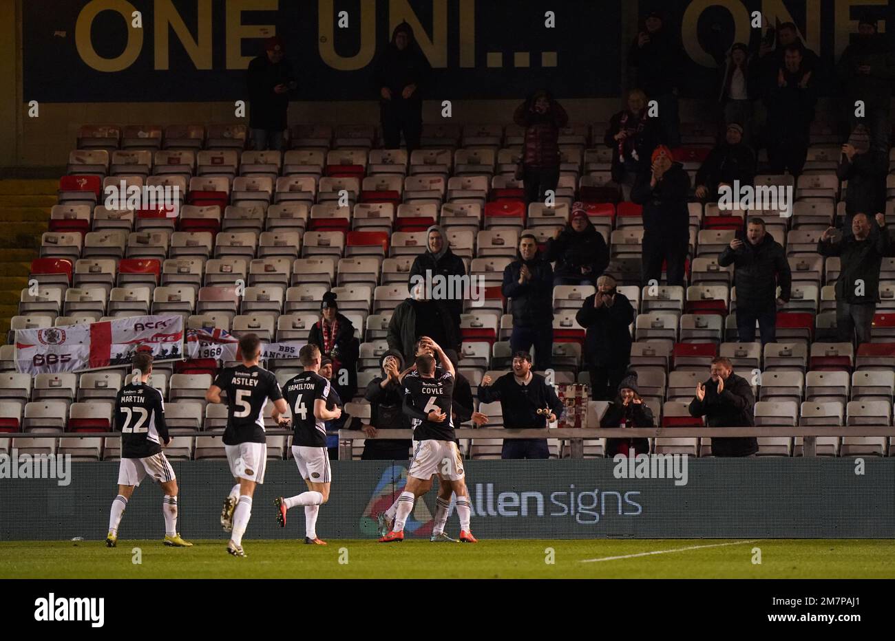 Accrington Stanley's Aaron Pressley (second right) celebrates with team ...