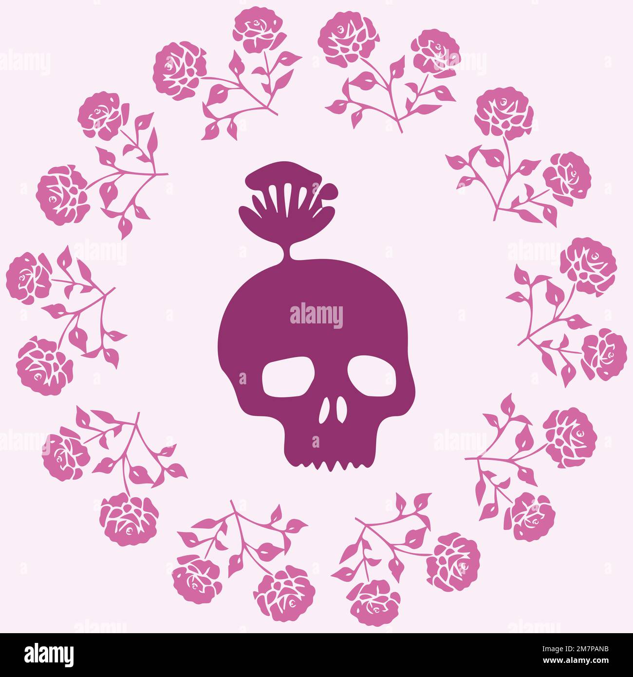 Floral skull tattoo low brow illustration. Vector gothic skeleton ink ...