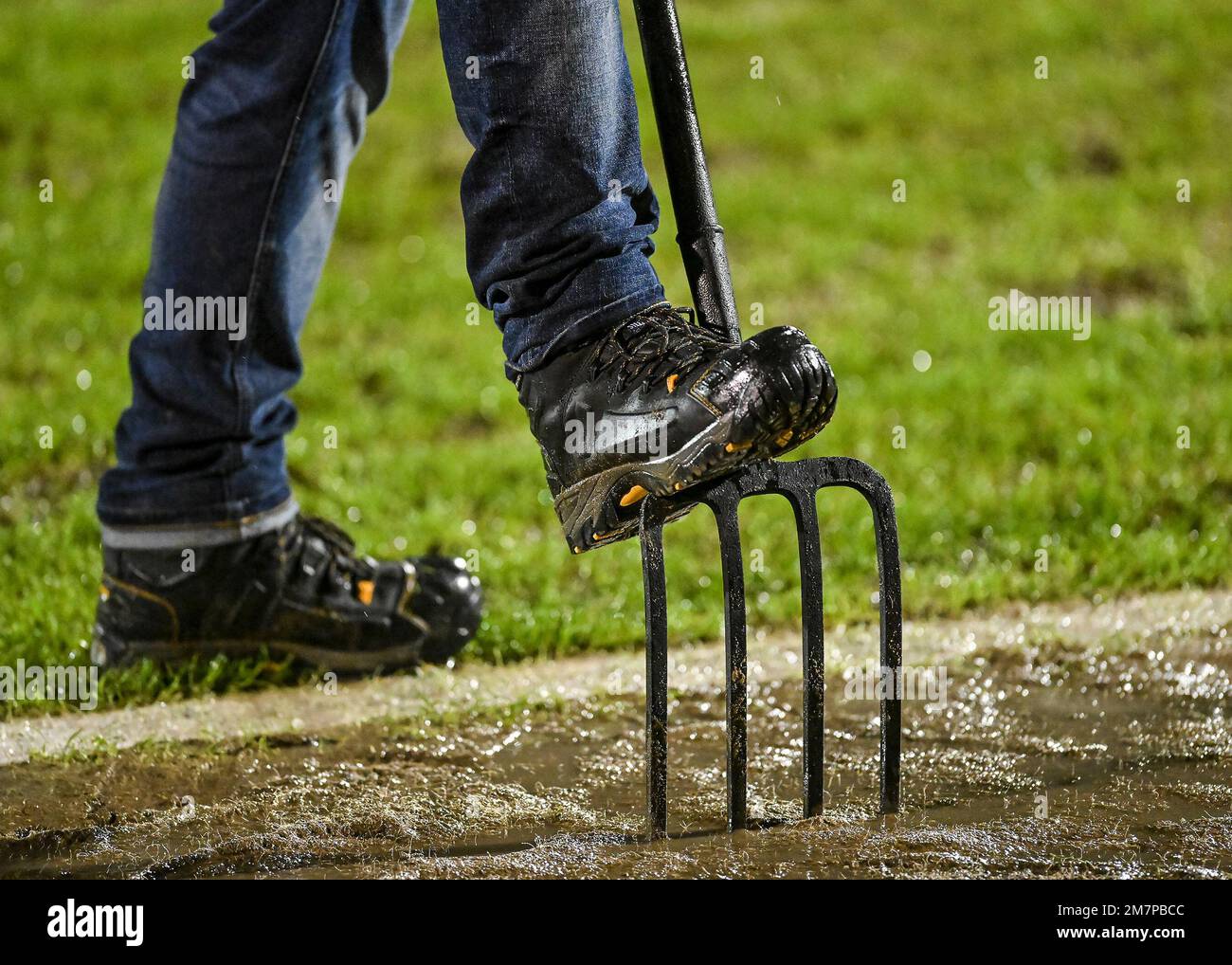 Grounds man of `Bristol Rovers with Pitch fork during the Papa John's ...