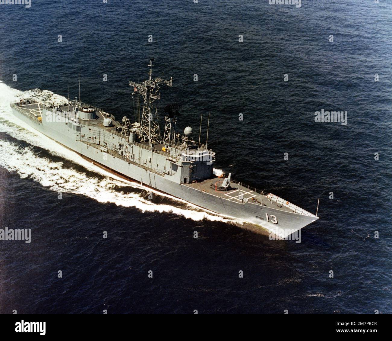 An aerial starboard bow view of the guided missile frigate SAMUEL ELIOT ...