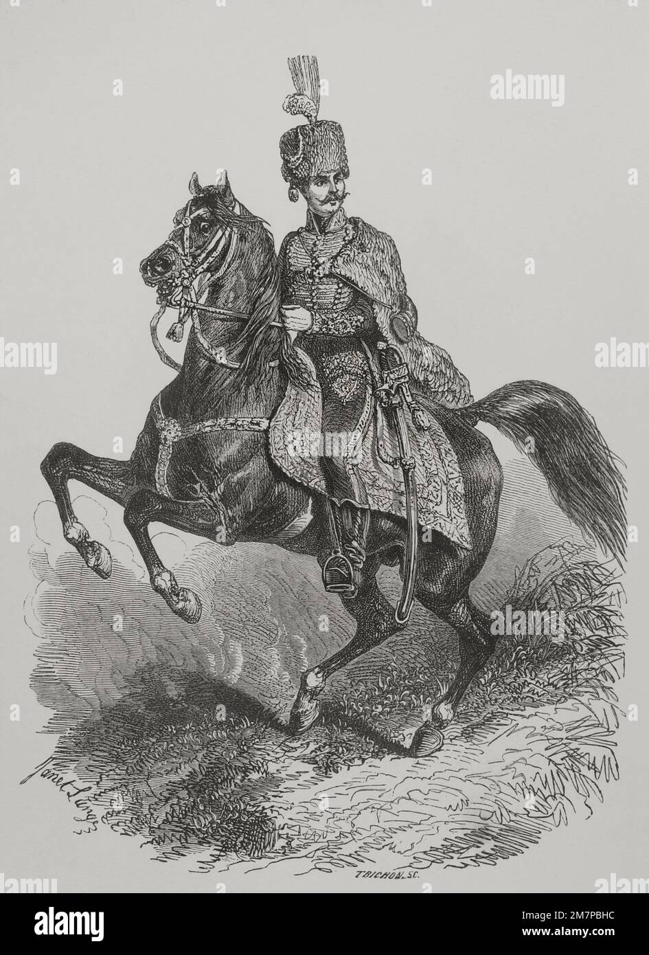 Hungarian cavalry. Engraving by Janet Lange and Trichon. "Los Heroes y ...