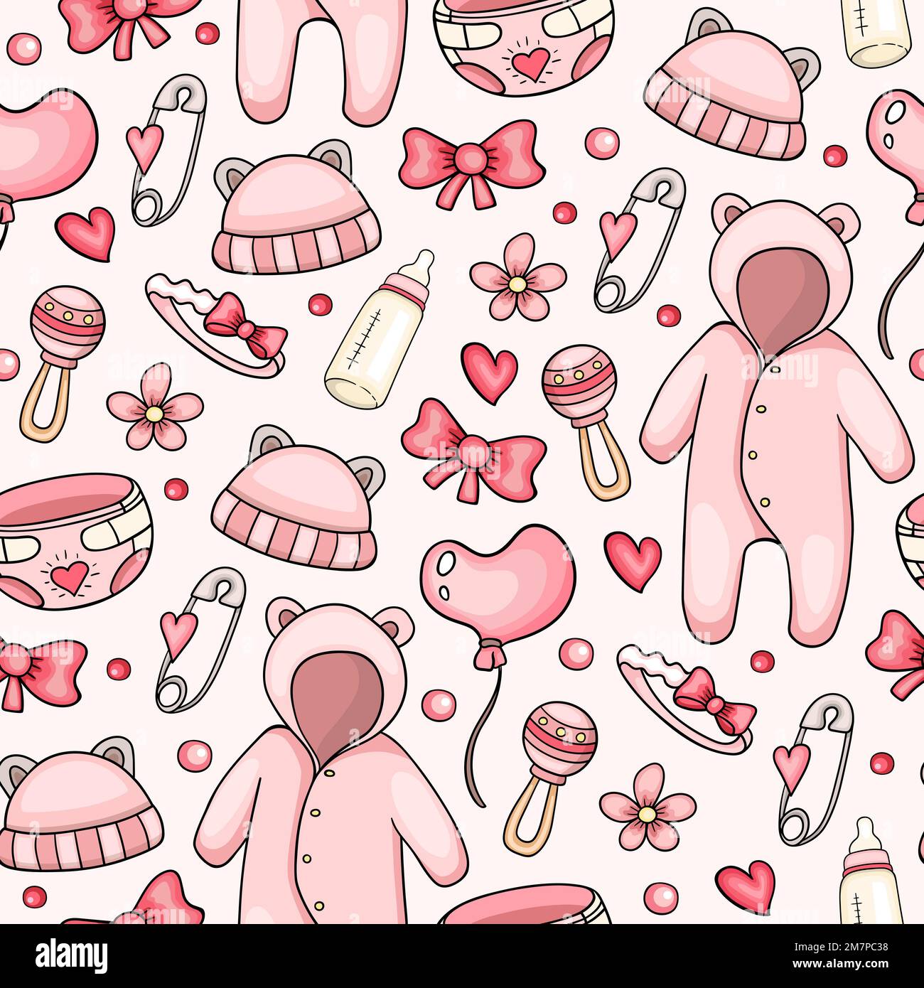 Cute seamless pattern with pink baby girl clothes and accessory. Hand ...