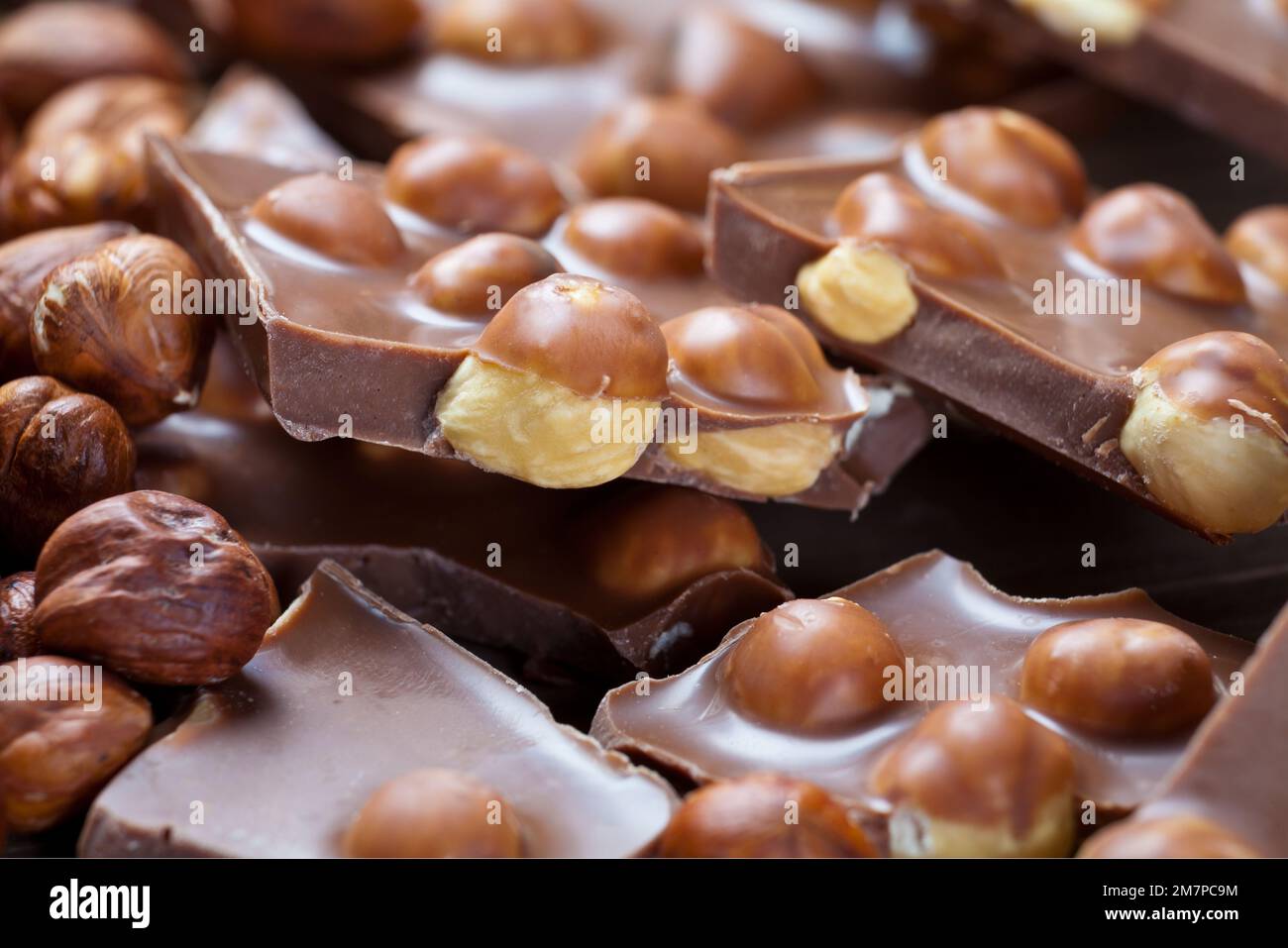 broken hazelnut chocolate with whole nuts Stock Photo - Alamy