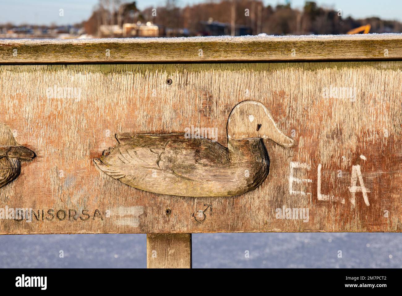 Weathered and broken wooden drake or male mallard relief in Helsinki ...