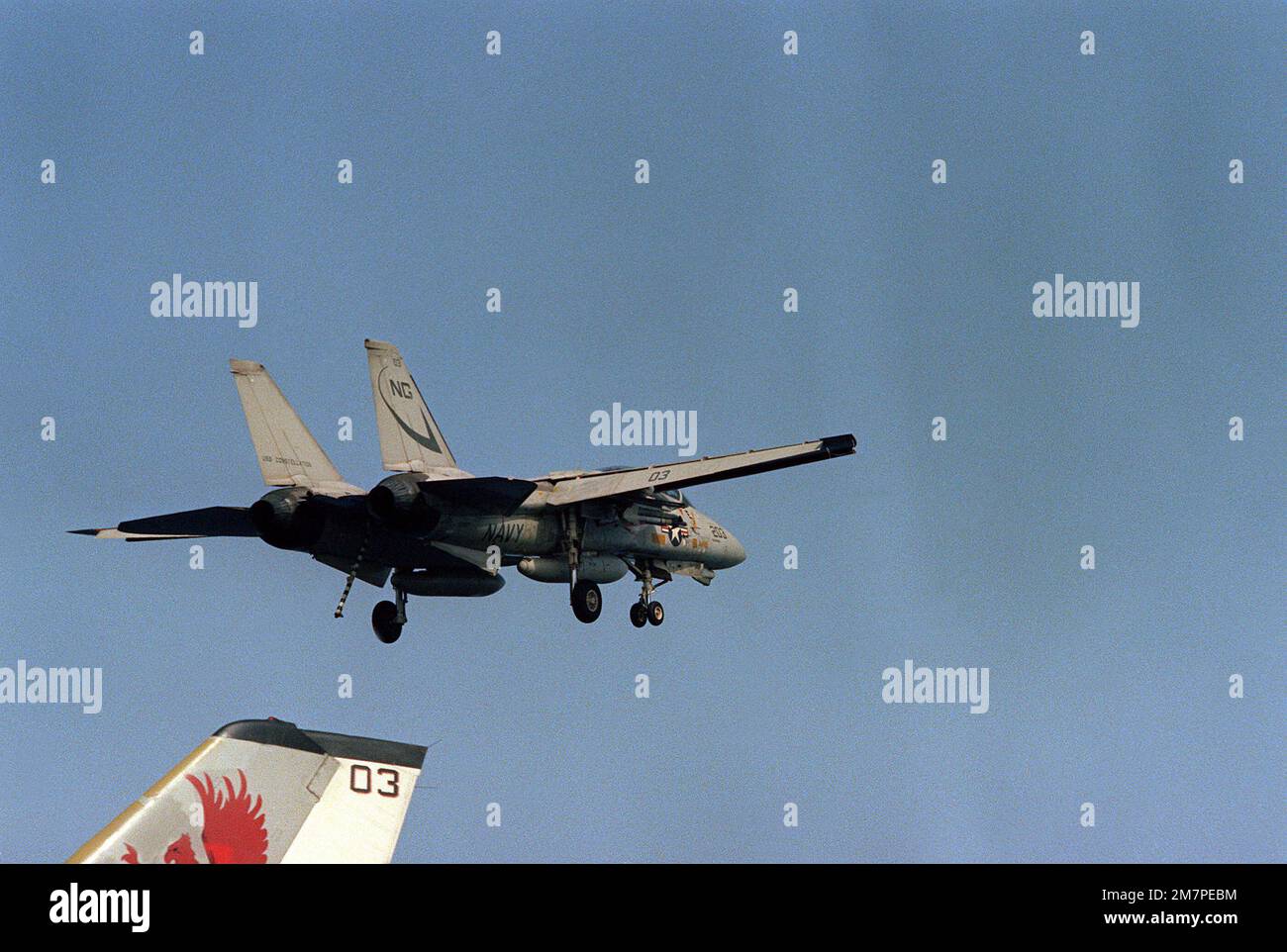 An F-14 Tomcat aircraft, with arresting hook down, makes a pass over ...