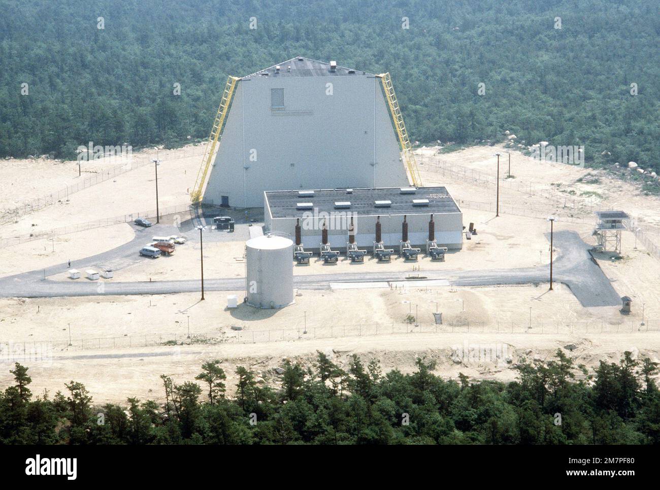 Aerial view of the antenna and power plant at the Pave Paws Radar Site, Cape Cod Missile Early ...
