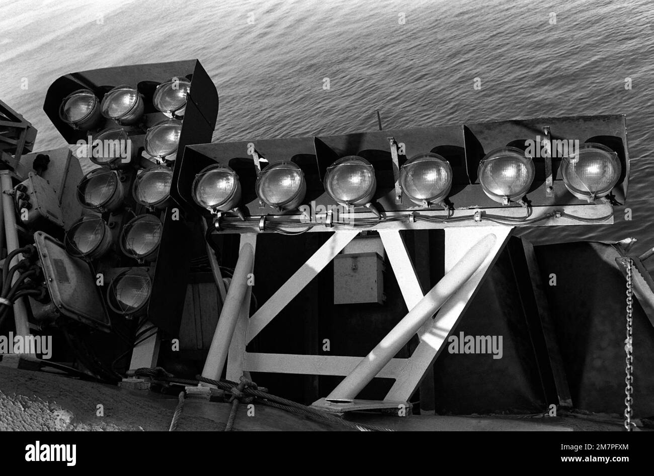 A view of damage caused to the deck edge optical landing system ...