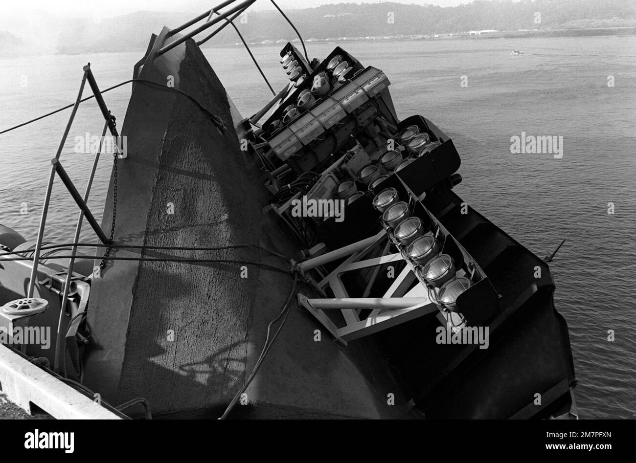 A view of damage caused to the deck edge optical landing system ...