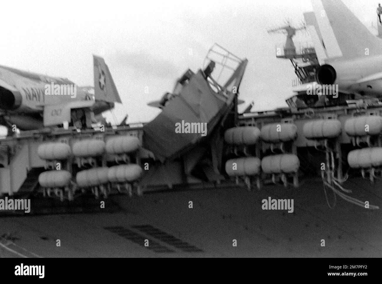 A view of damage caused to the deck edge optical landing system ...
