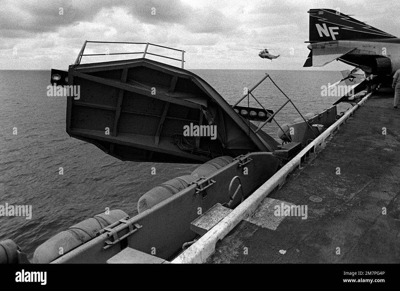 A view of damage caused to the deck edge optical landing system ...