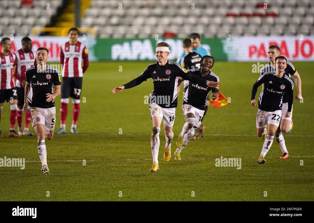 Accrington Stanley's Ryan Astley (left), Harvey Rodgers (centre) and ...