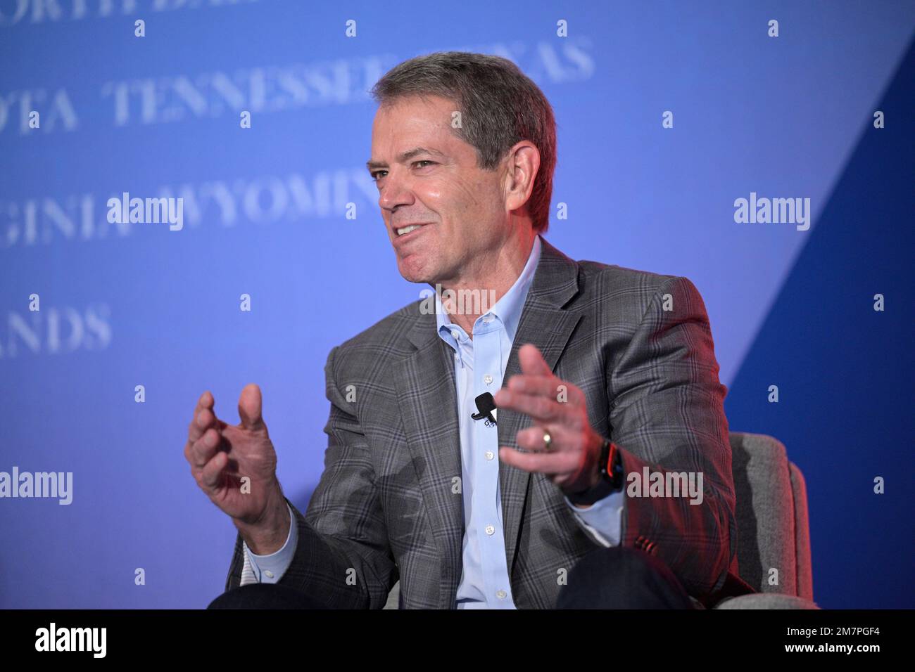 FILE - Nebraska Gov.-elect Jim Pillen answers a question while taking ...