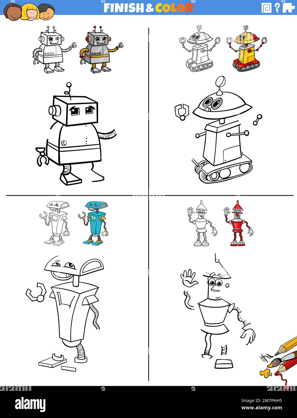 Cartoon illustration of drawing and coloring educational activity for ...