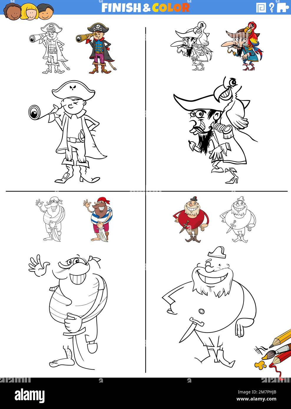 Cartoon illustration of drawing and coloring educational activity for ...