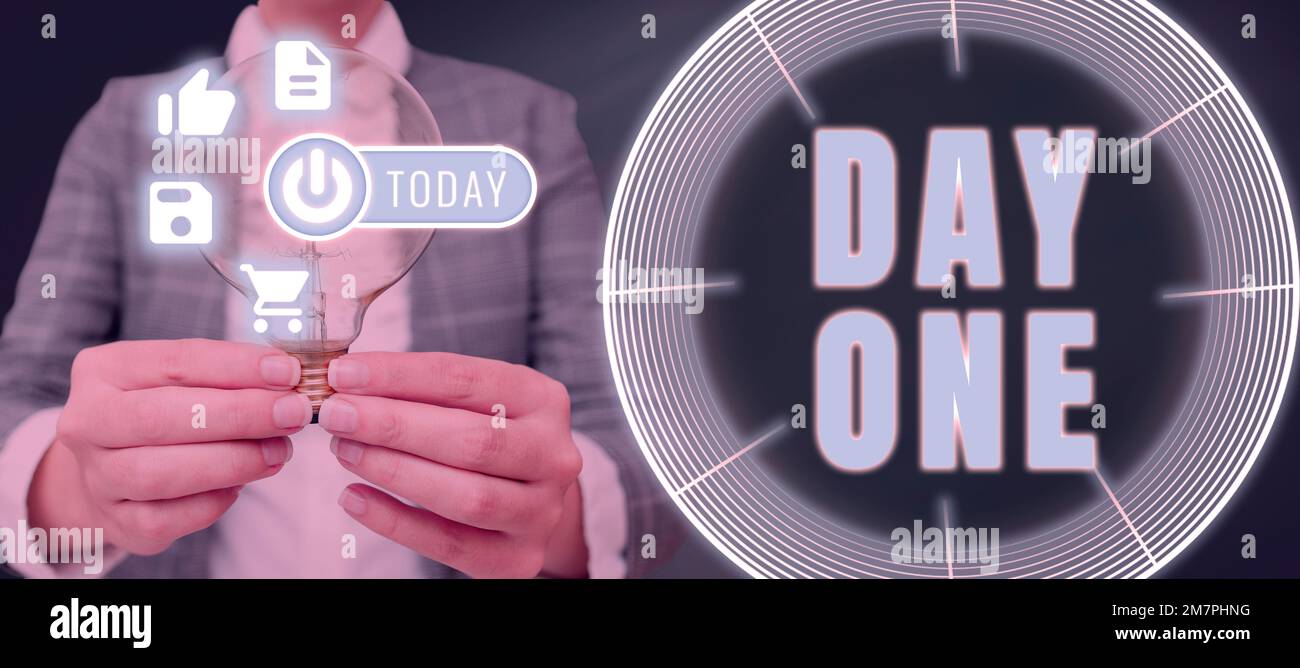 Text caption presenting Day One. Business overview Start moment First ...