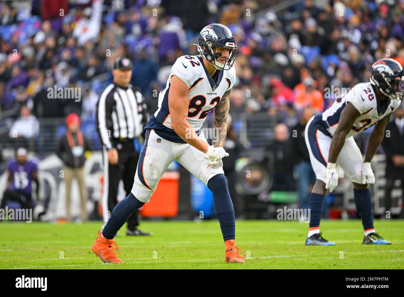 Denver Broncos tight end Eric Saubert (82) gets in position during the ...