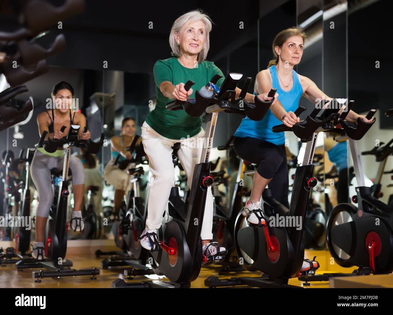 Two mature woman training on fitness bikes Stock Photo - Alamy