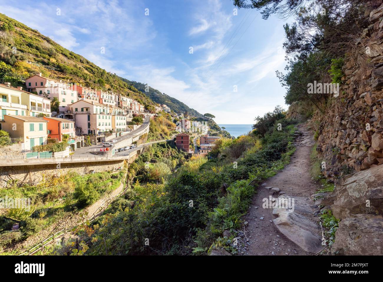 Hiking path near touristic town, Riomaggiore, Italy. Cinque Terre Stock ...