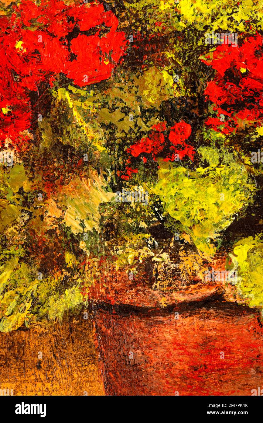 Abstract macro of still life painting depicting red geranium flowers ...