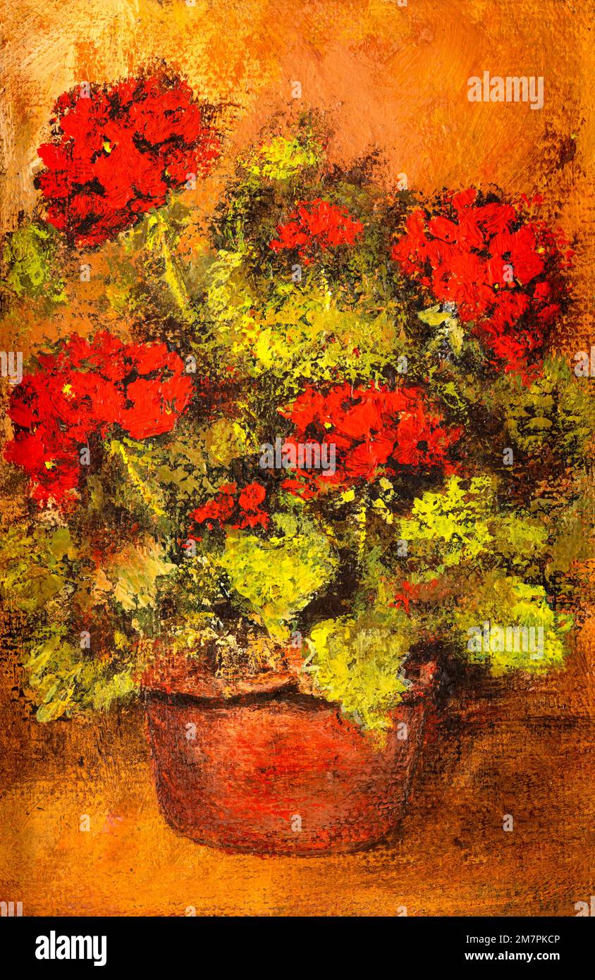 Still life acrylic painting depicting red geranium flowers in a red ...