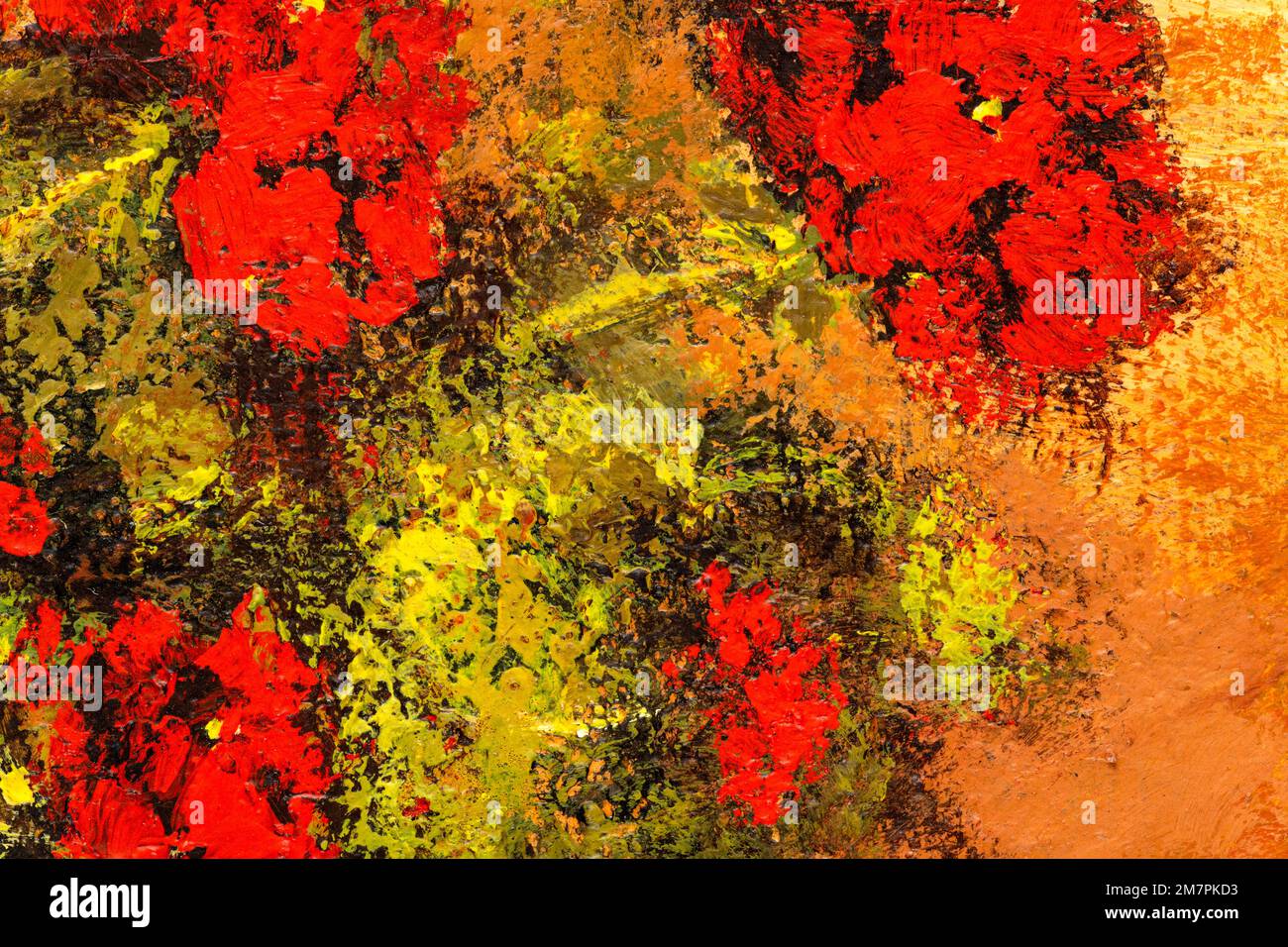 Abstract macro of still life painting depicting red geranium flowers ...