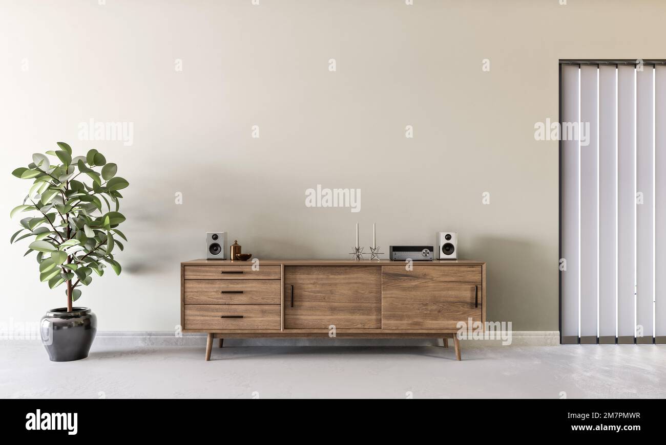 light beige concrete mock-up wall with wooden console and decoration, modern interior, negative ...