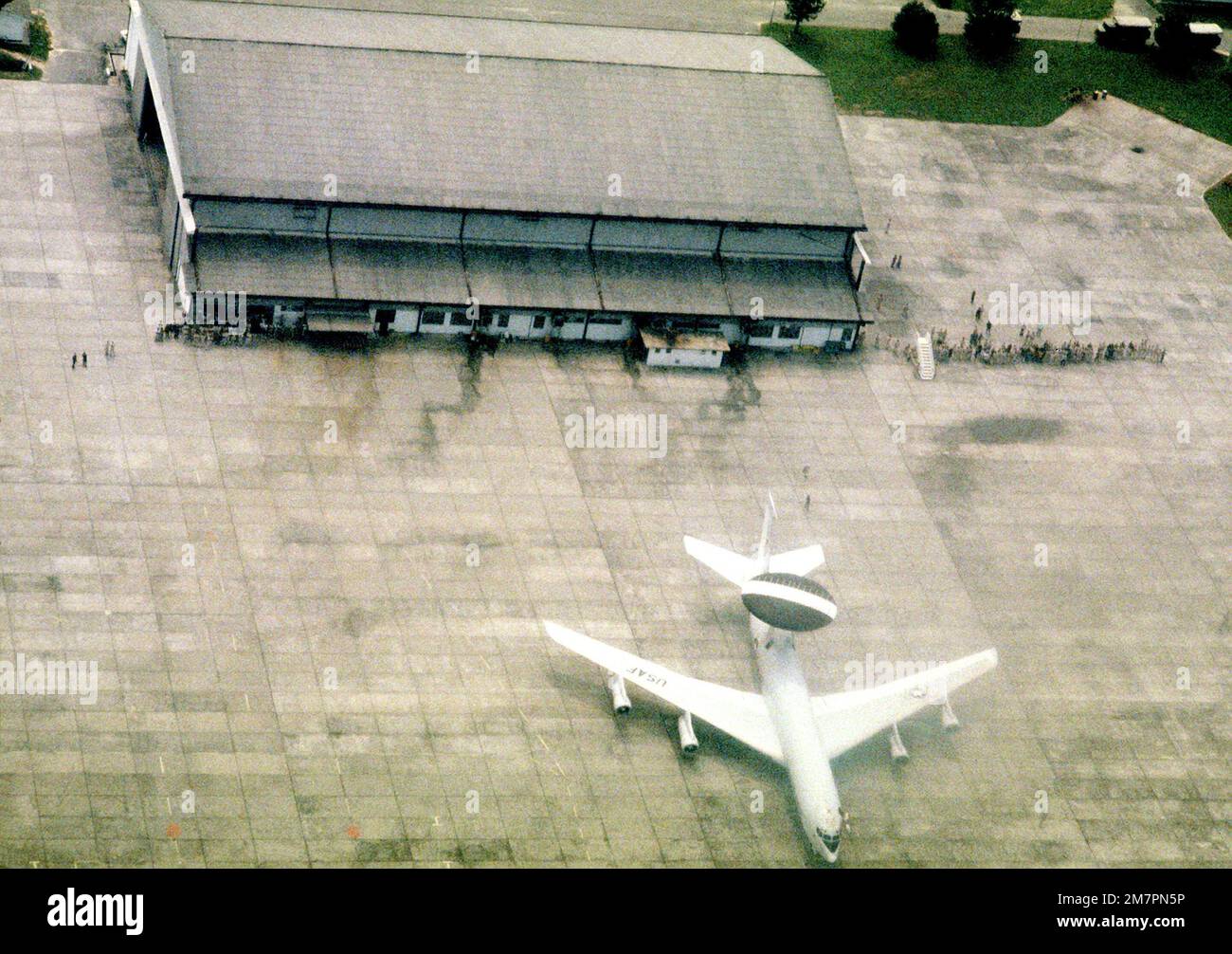 Aerial view of the hangar and ramp area, where an E-3A airborne warning ...