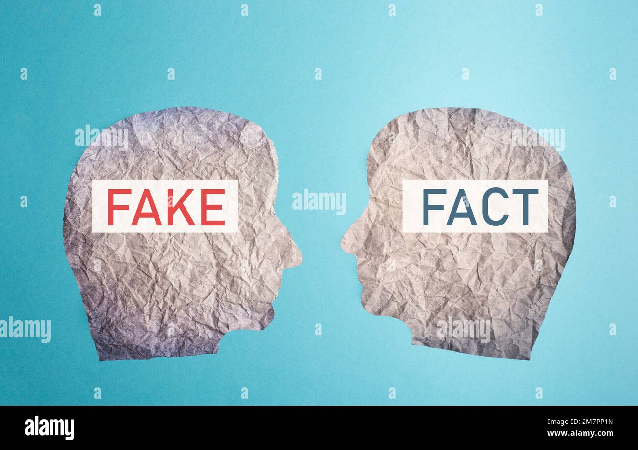 Fake or fact on a head, false and truth information, propaganda and ...