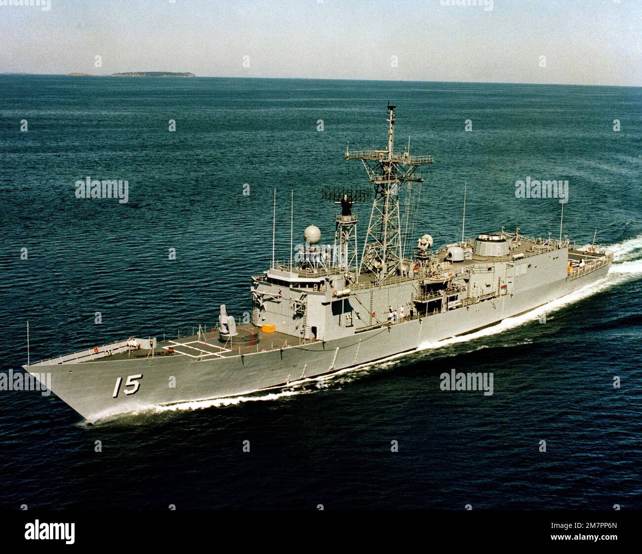 An aerial port bow view of the guided missile frigate ESTOCIN (FFG-15 ...